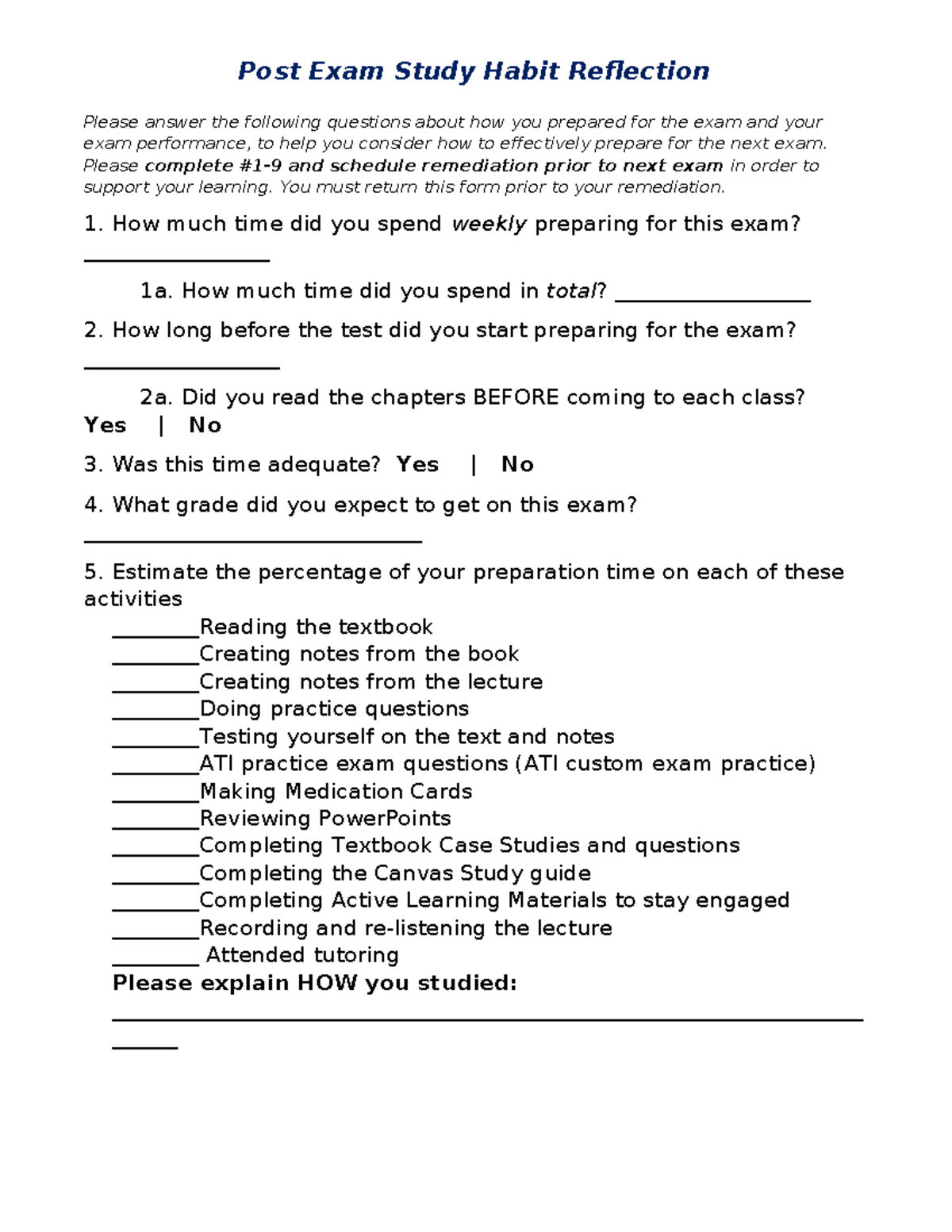 Post-Exam Reflection: Study Habits & Performance Analysis - Studocu