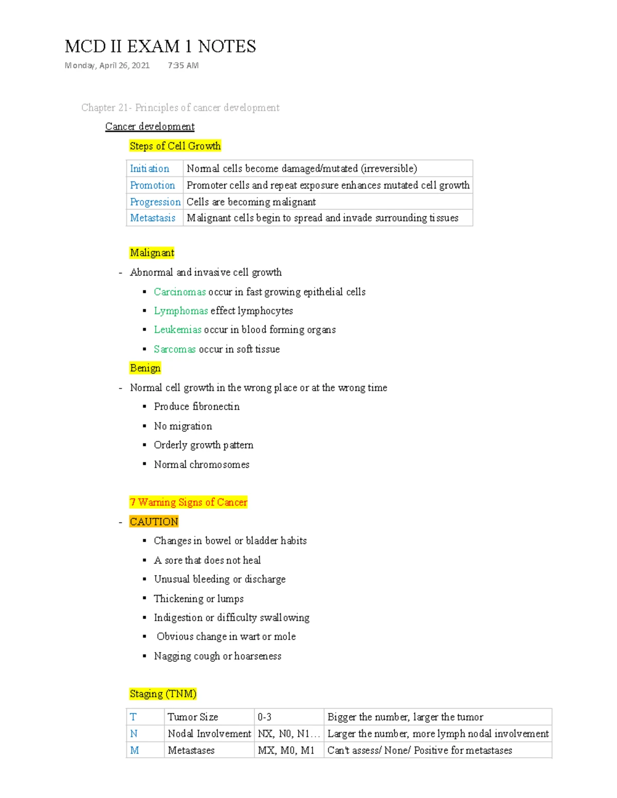 MDC II Exam 1 Study Guide: Key Concepts in Cancer and Treatment - Studocu
