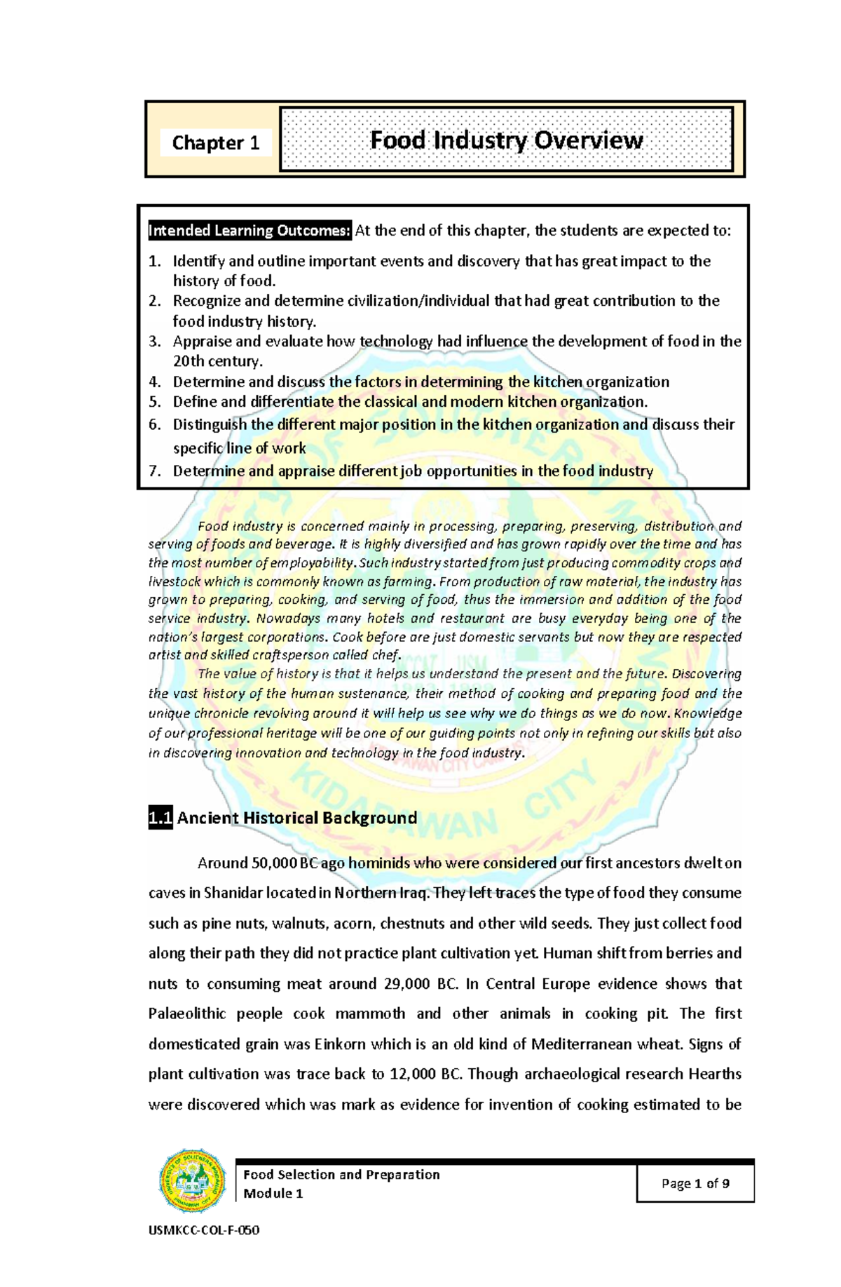 Food Selection and Preparation Module 1: History & Kitchen Org Overview ...