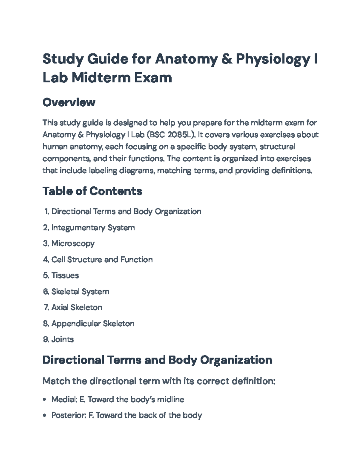 Study Guide: Anatomy & Physiology I Lab Midterm (BSC 2085L) - Studocu