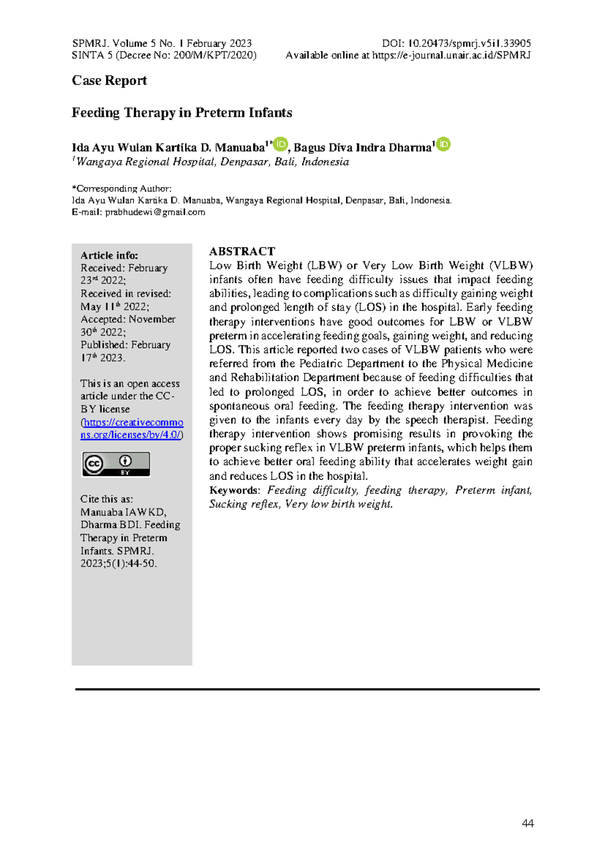 Feeding Therapy for VLBW Preterm Infants: Case Studies and Outcomes ...