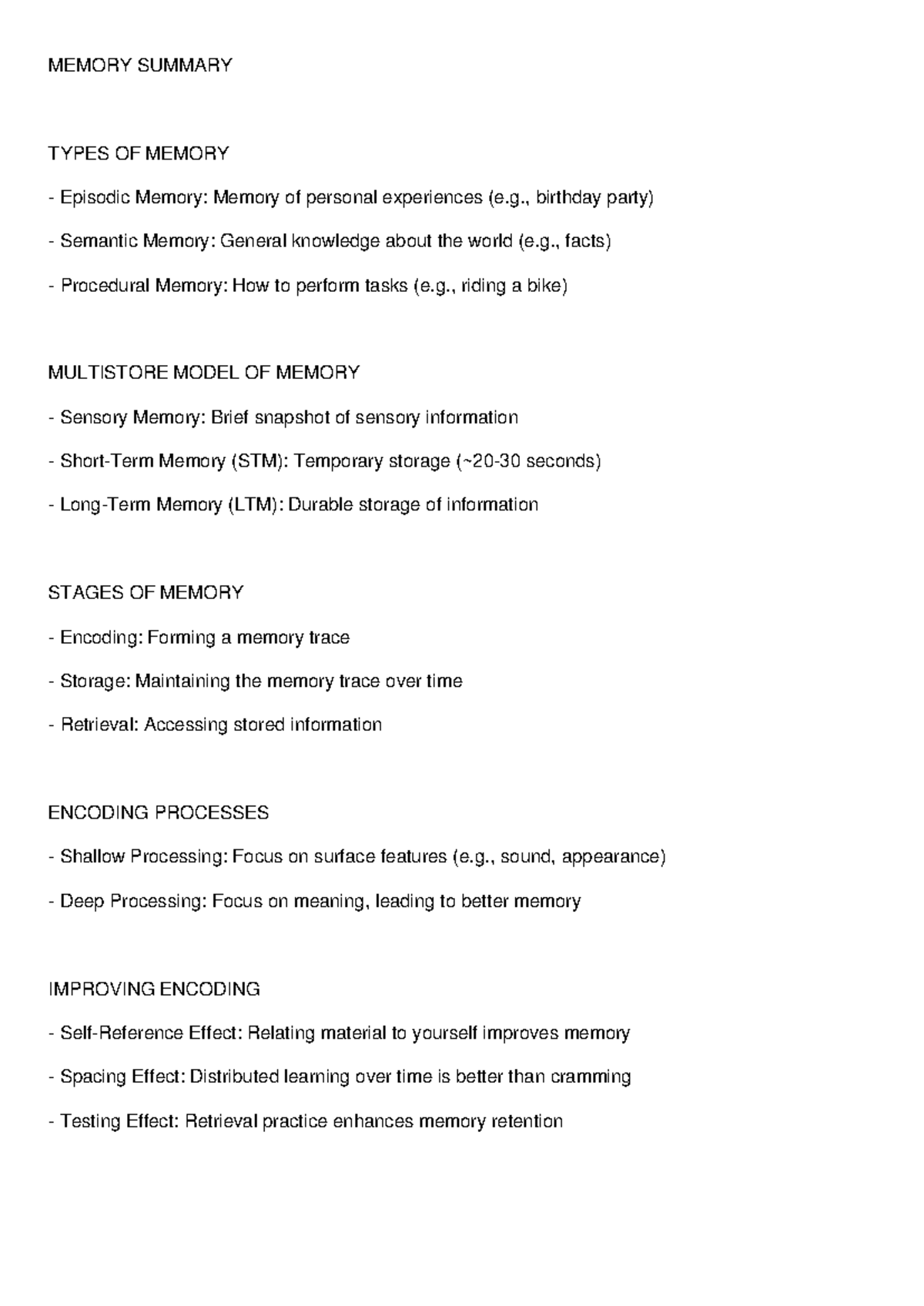 MEMORY SUMMARY: TYPES, MODELS, AND RETRIEVAL PROCESSES - Studocu