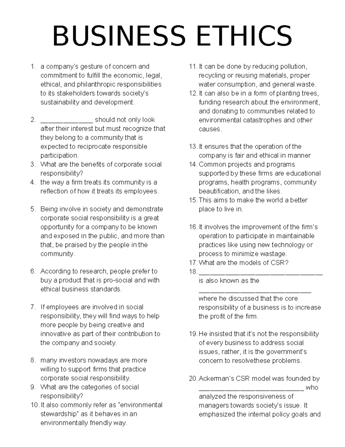 Business- Ethics - BUSINESS ETHICS a company’s gesture of concern and ...