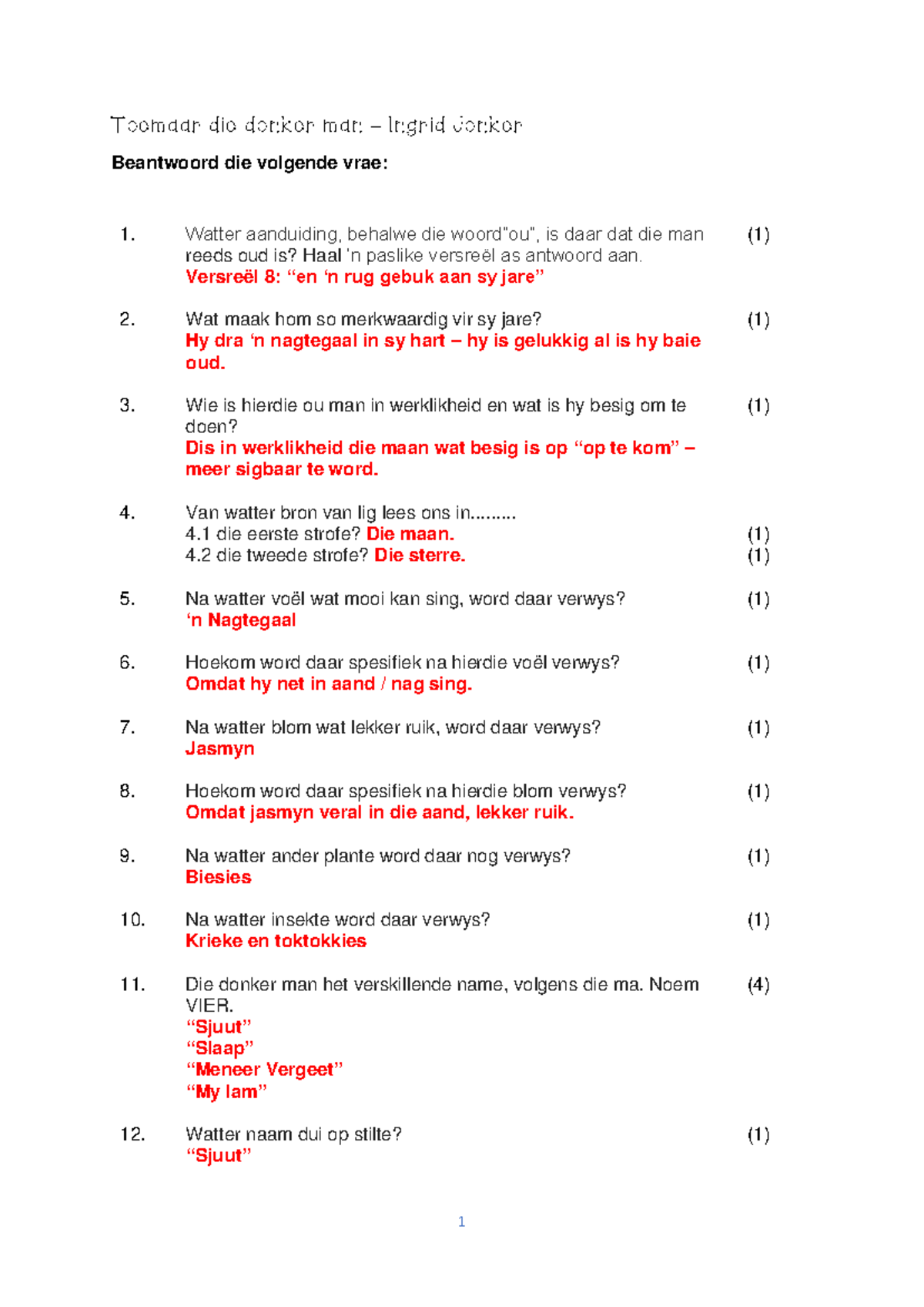 Toemaar die Donker Man: Antwoorde op Vrae en Interpretasies - Studocu