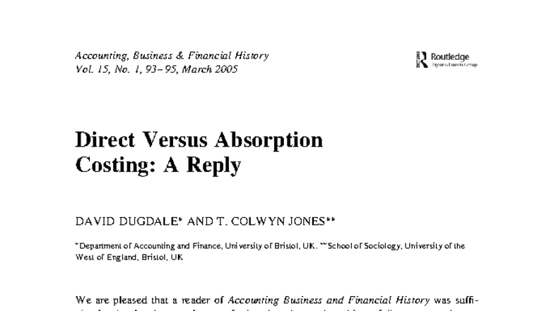 Direct Versus Absorption Costing: A Critical Analysis in Accounting ...