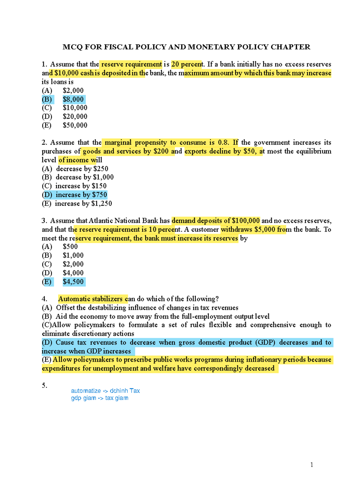 MCQ for Fiscal Policy and Monetary Policy - Chapter 1 Review - Studocu