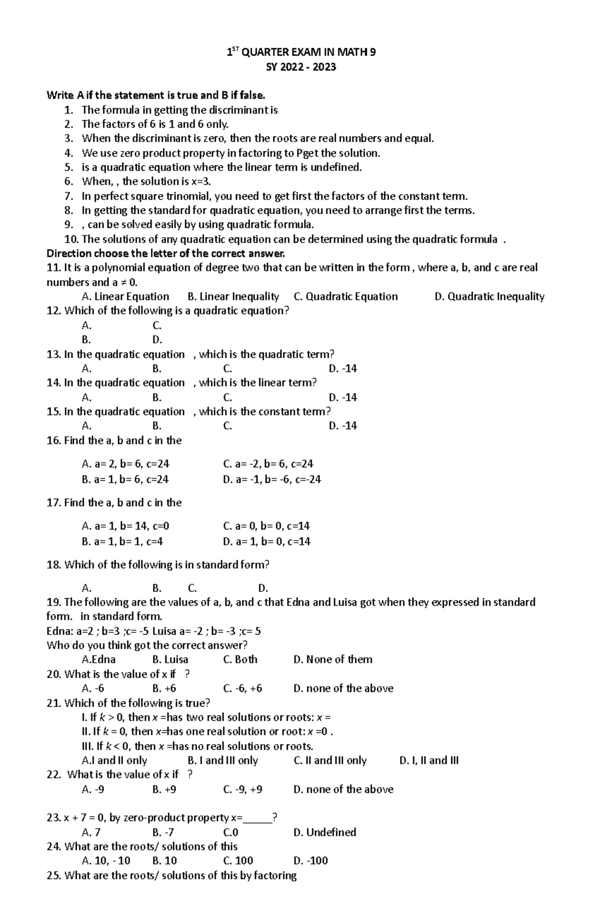 Math 9 Q1 - Sample Test on Quadratic Equations and Roots - Studocu