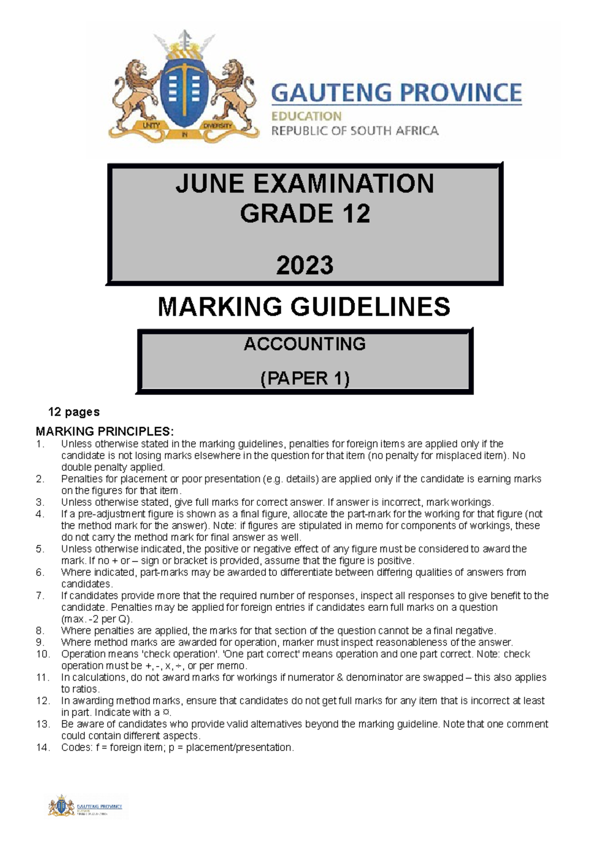 Official Gr 12 Acc P1 Eng Memo Gauteng - JUNE EXAMINATION GRADE 12 2023 ...