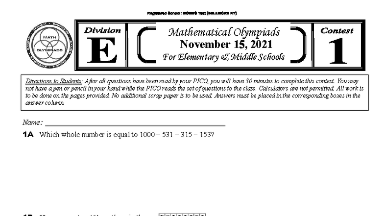 Mathematical Olympiads (MOEMS) Division E Practice Packet 2021-2022 ...
