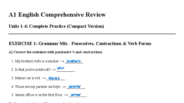 A1 English Comprehensive Review - Units 1-4 Practice Exercises - Studocu