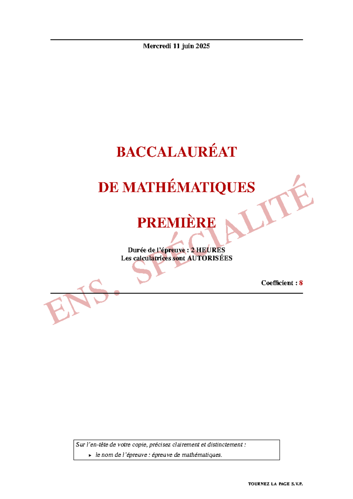 BACCALAURÉAT MATHÉMATIQUES 2025 - Examen Final et QCM - Studocu