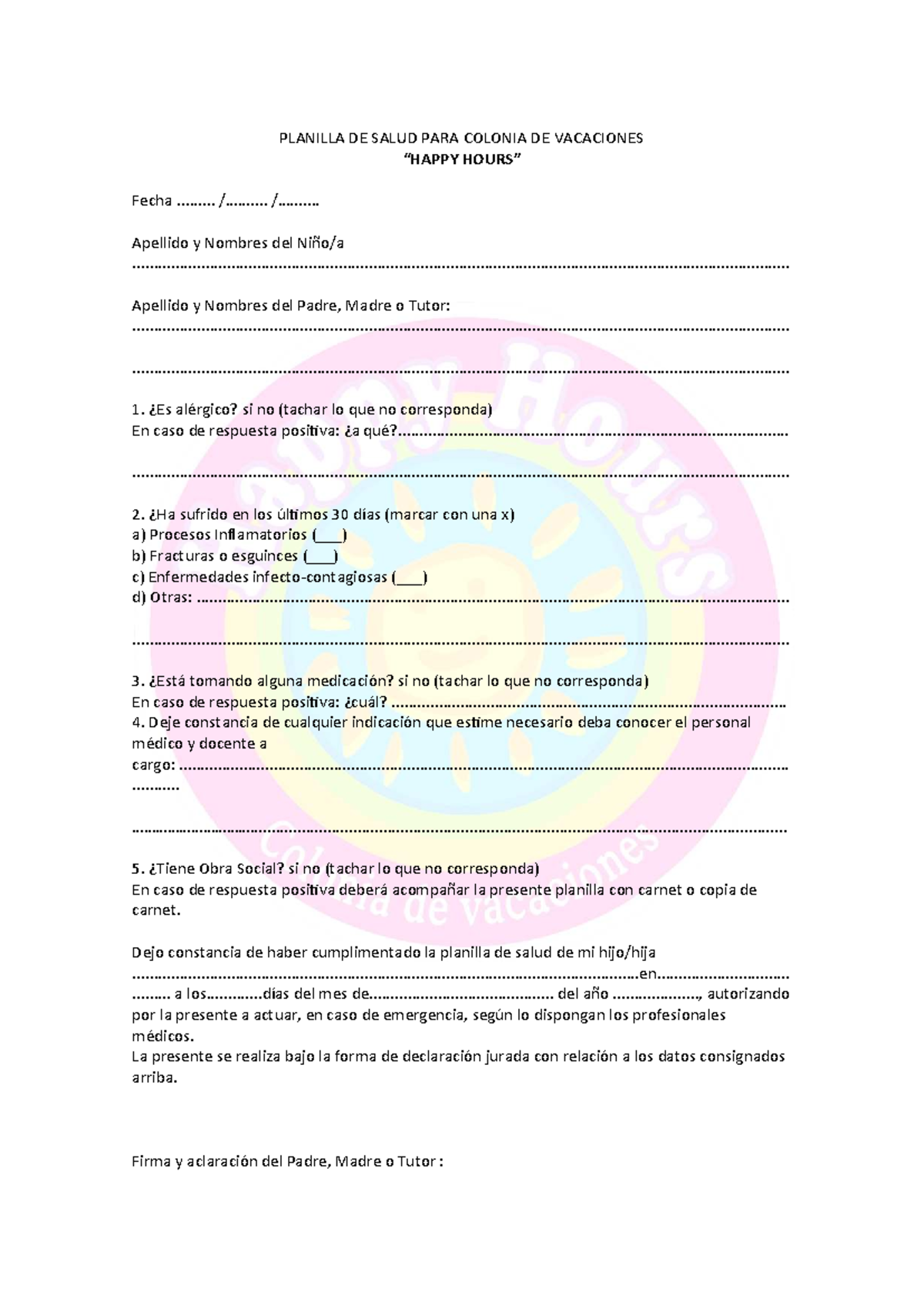 Planilla de Salud para Colonia de Vacaciones 2024 - Studocu
