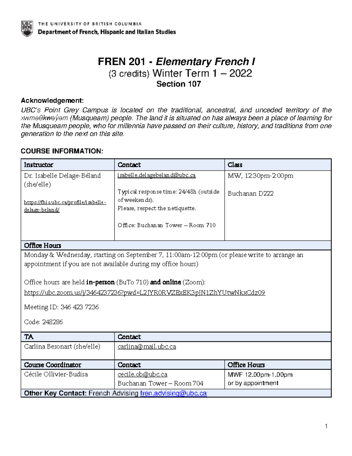 FREN201 107 Syllabus - Elementary French I Course Overview 2022 - Studocu