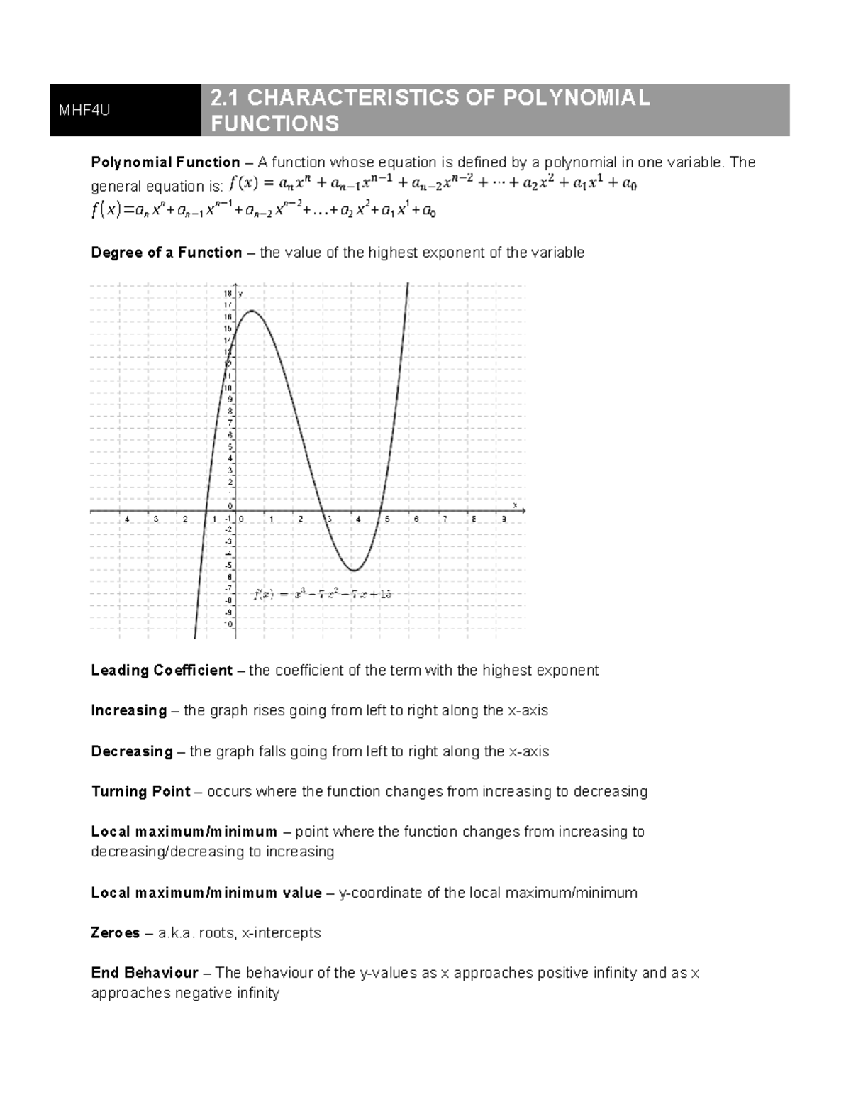 MHF4U Polynomial Functions: Key Characteristics & Definitions - Studocu