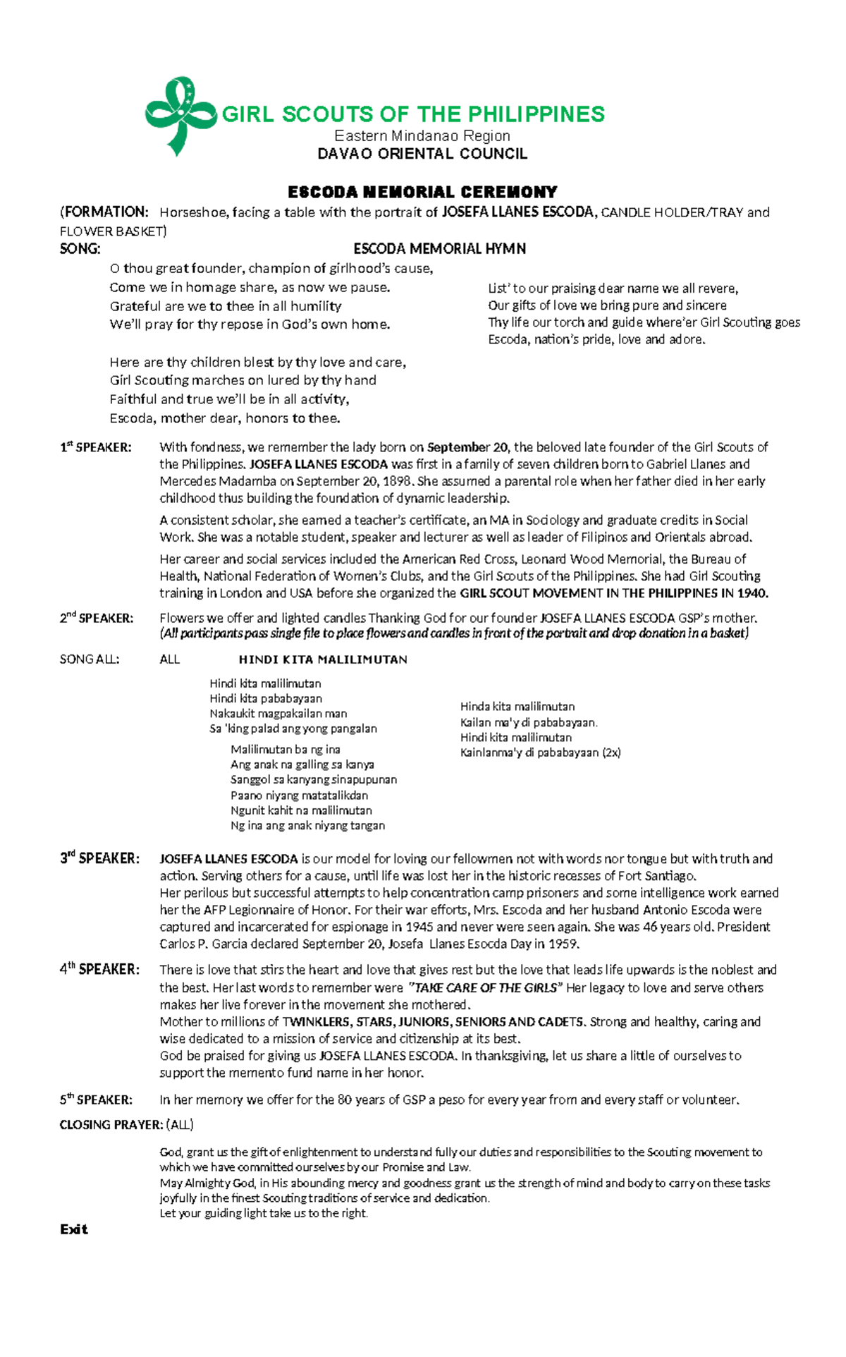 ESCODA Memorial Ceremony for GSP: Honoring a Legacy of Leadership - Studocu