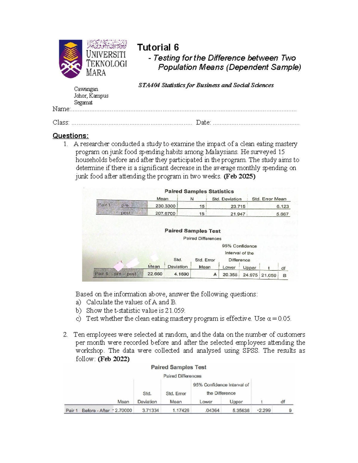 Tutorial 6: Testing Differences in Population Means (Dependent Samples ...