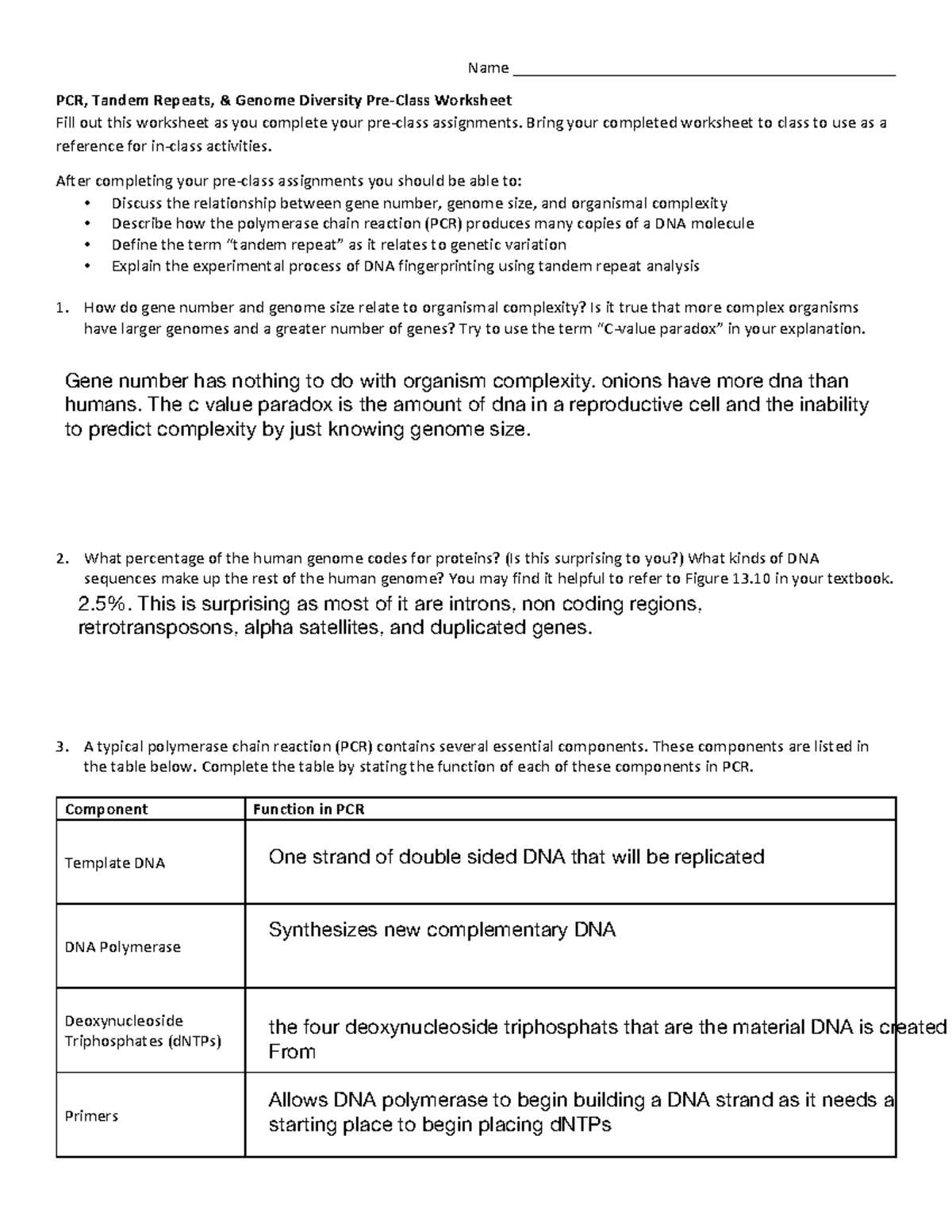 Week 9 Pre-Class Worksheet: PCR, Tandem Repeats, & Genome Diversity F22 ...
