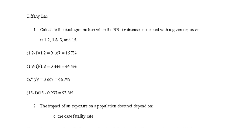 9-2 Textbook Questions: Calculating RR & Etiologic Fraction in Disease ...