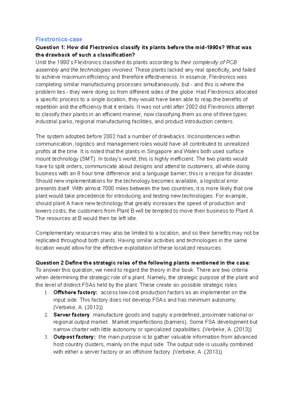 Flextronics Case Study: Strategic Plant Classifications and Roles Analysis - Studeersnel