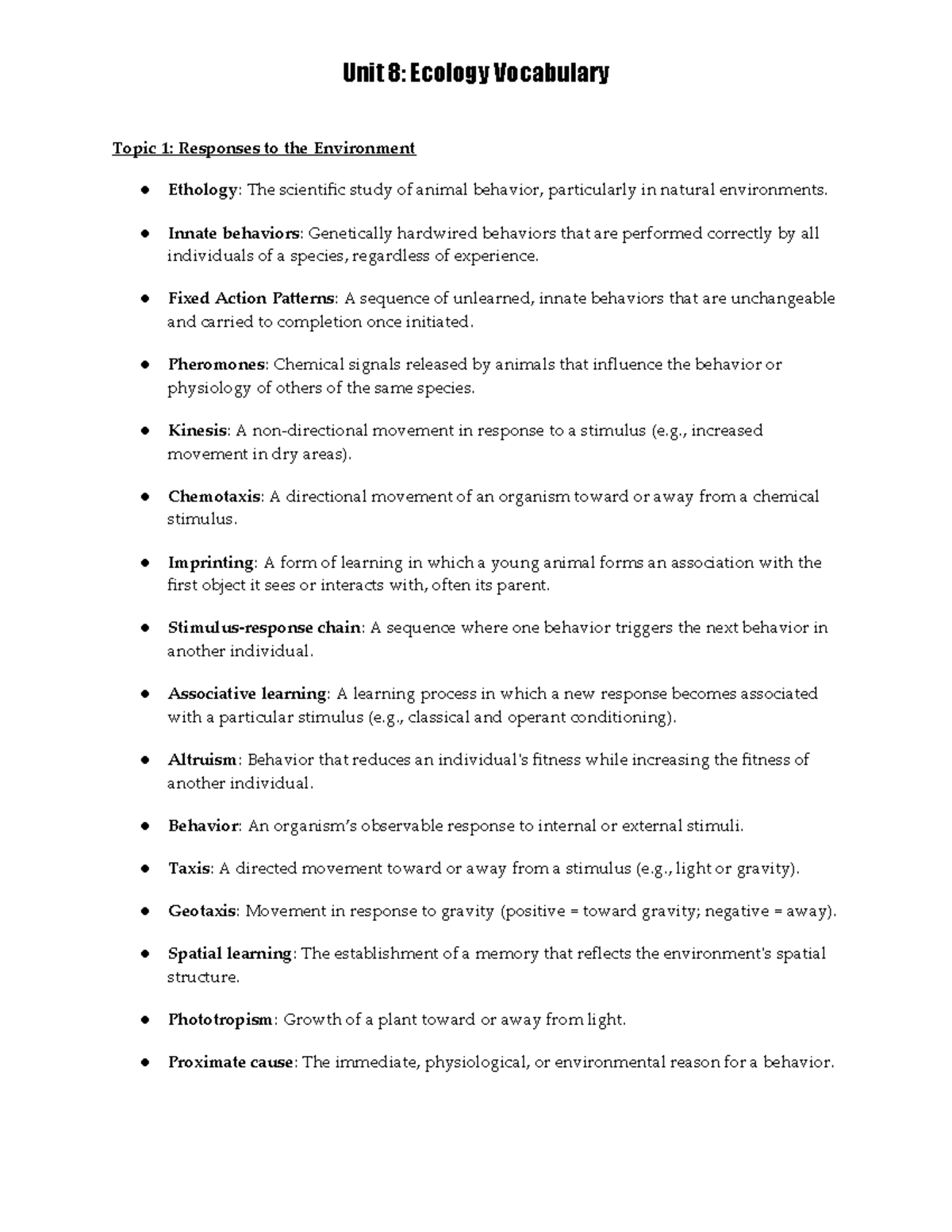 Unit 8: Ecology Vocabulary & Concepts for Ecosystem Understanding - Studocu