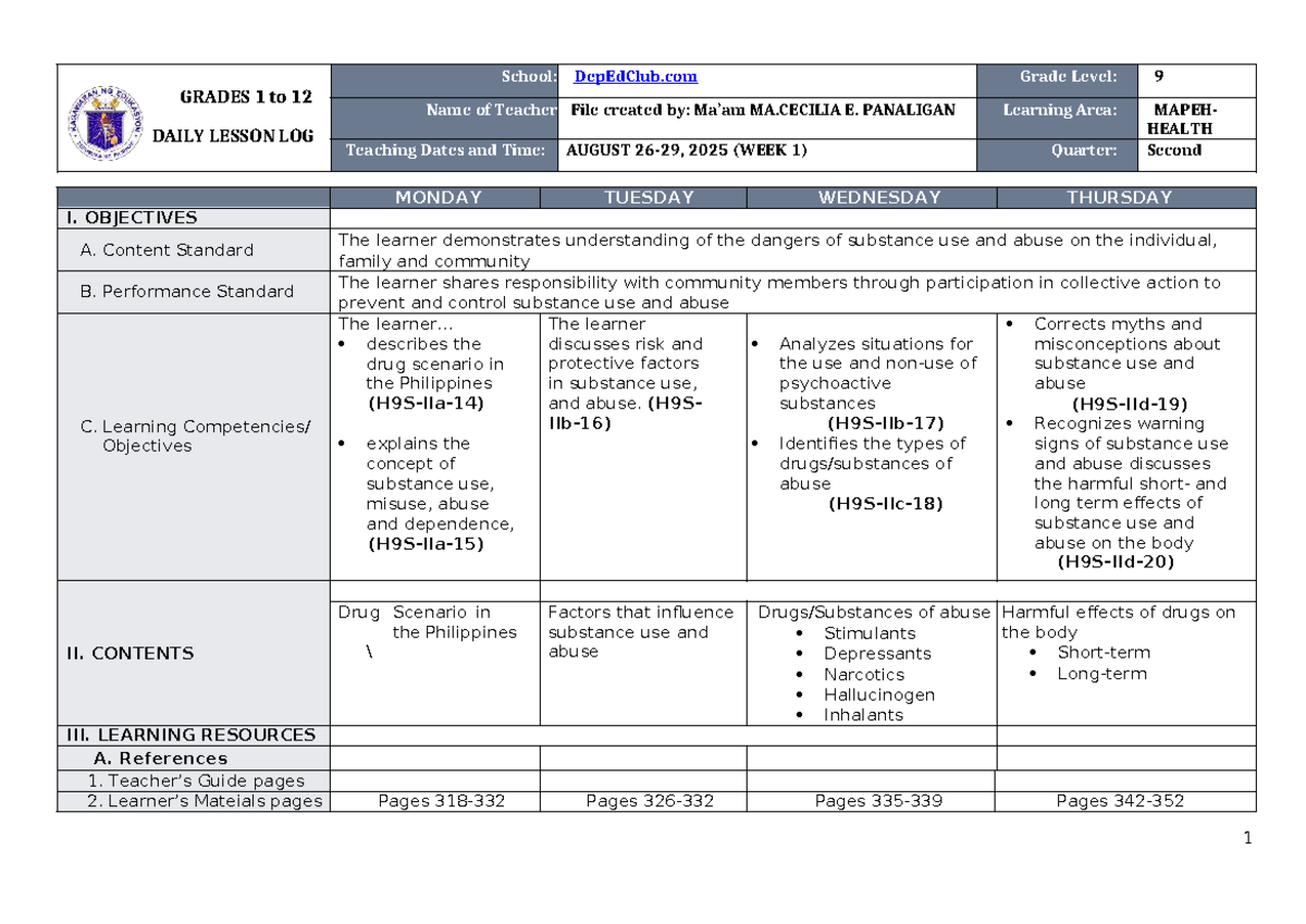 DLL MAPEH Health 9: Week 1 Lesson Plan on Substance Use - Studocu