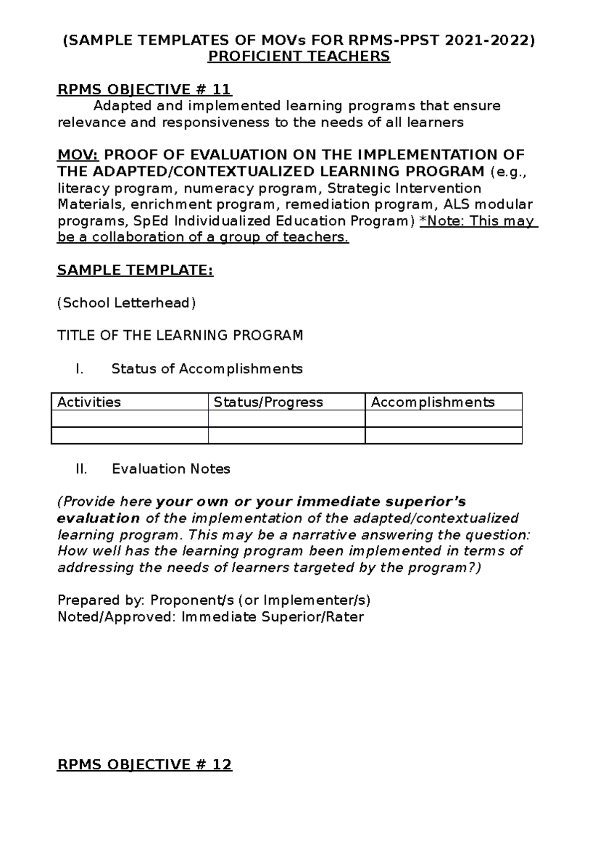 Sample MOV Templates - Means of Verification as accomplishments ...