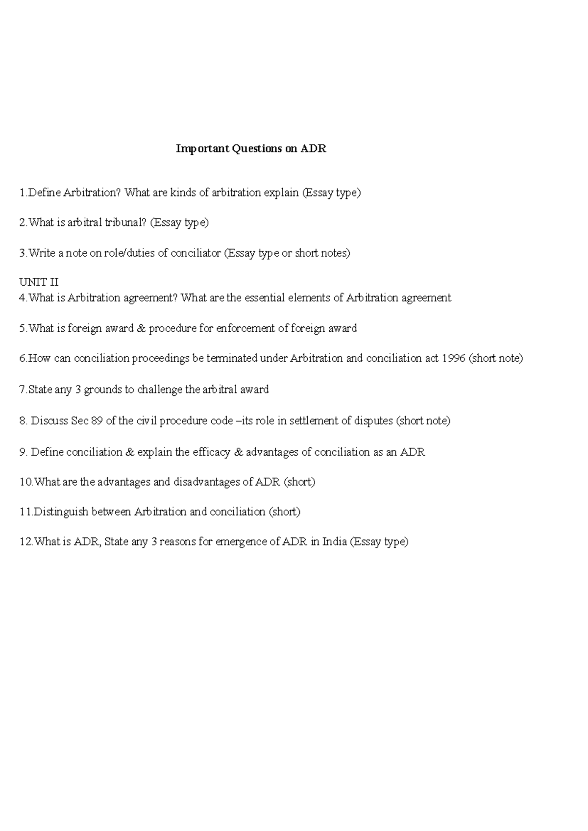 Important Questions on ADR: Key Concepts and Definitions - Studocu