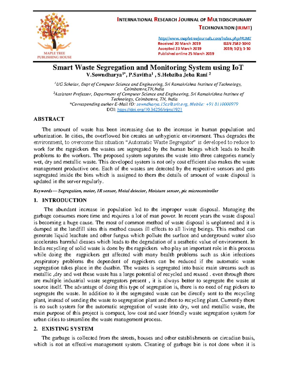Smart Waste Segregation & Monitoring System Using IoT (IRJMT) - Studocu