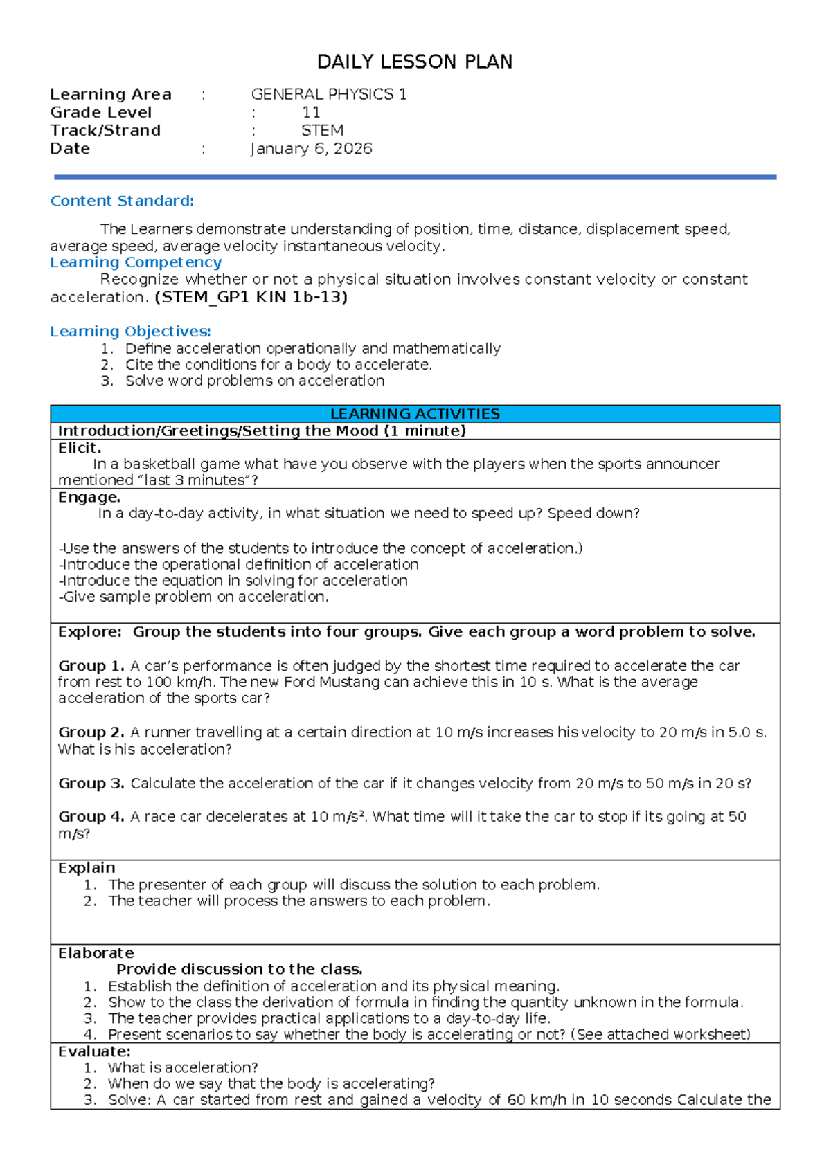 DAILY LESSON PLAN: Acceleration Concepts in STEM_GP1 - Studocu