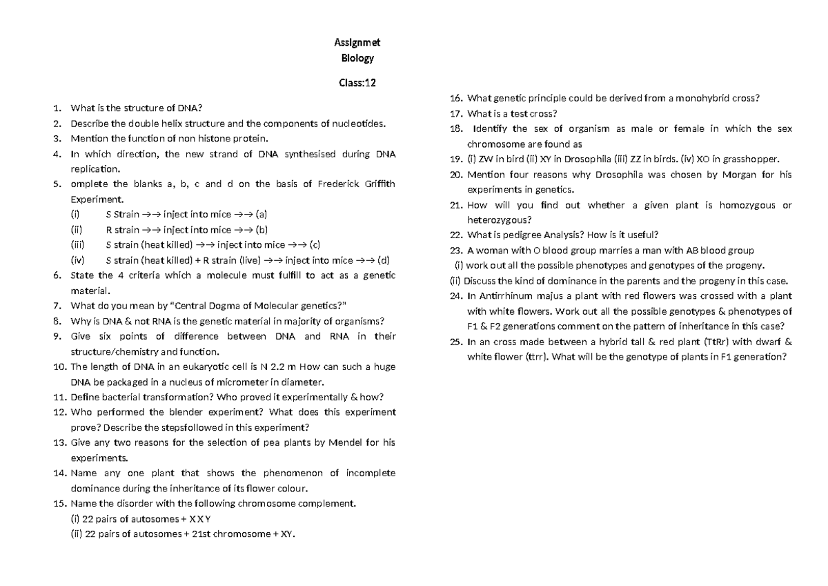 Assignment Biology Class: 12 - DNA Structure, Genetics & Inheritance ...