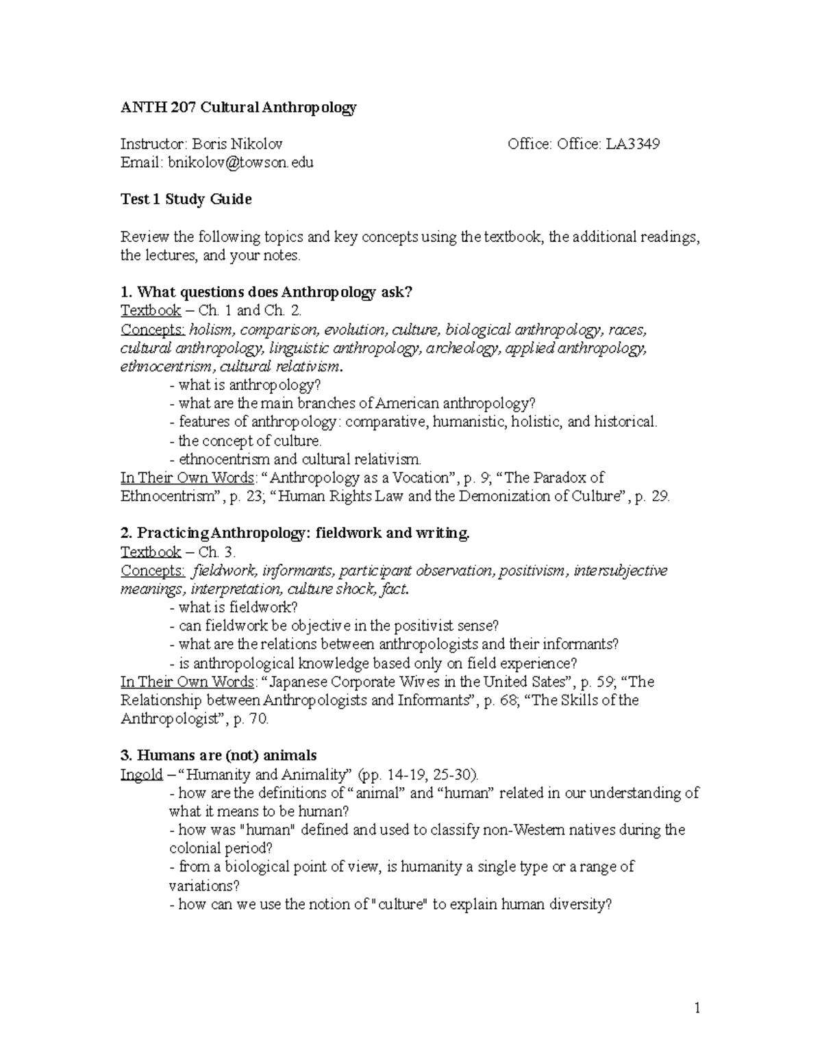 ANTH 207 Test 1 Study Guide: Key Concepts in Cultural Anthropology ...
