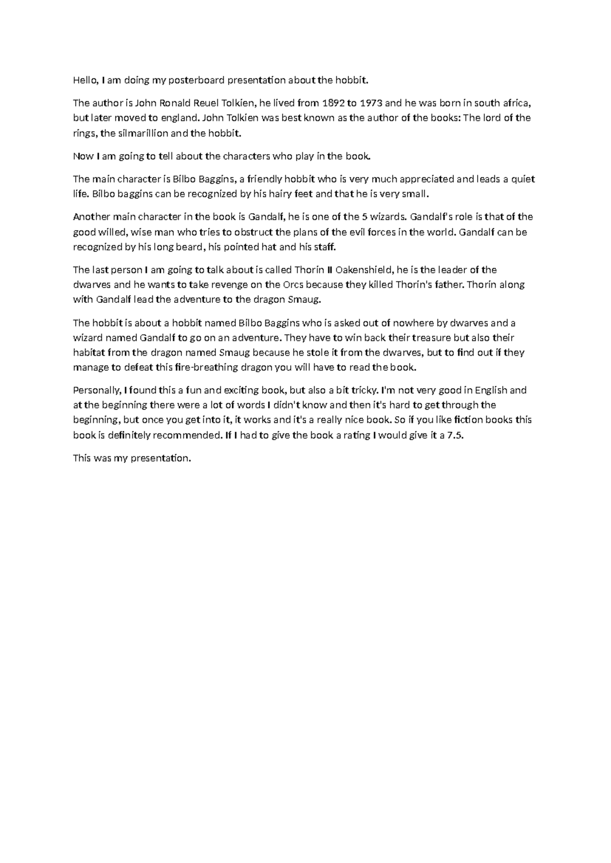 HOB 101: Poster Presentation on "The Hobbit" by J.R.R. Tolkien ...