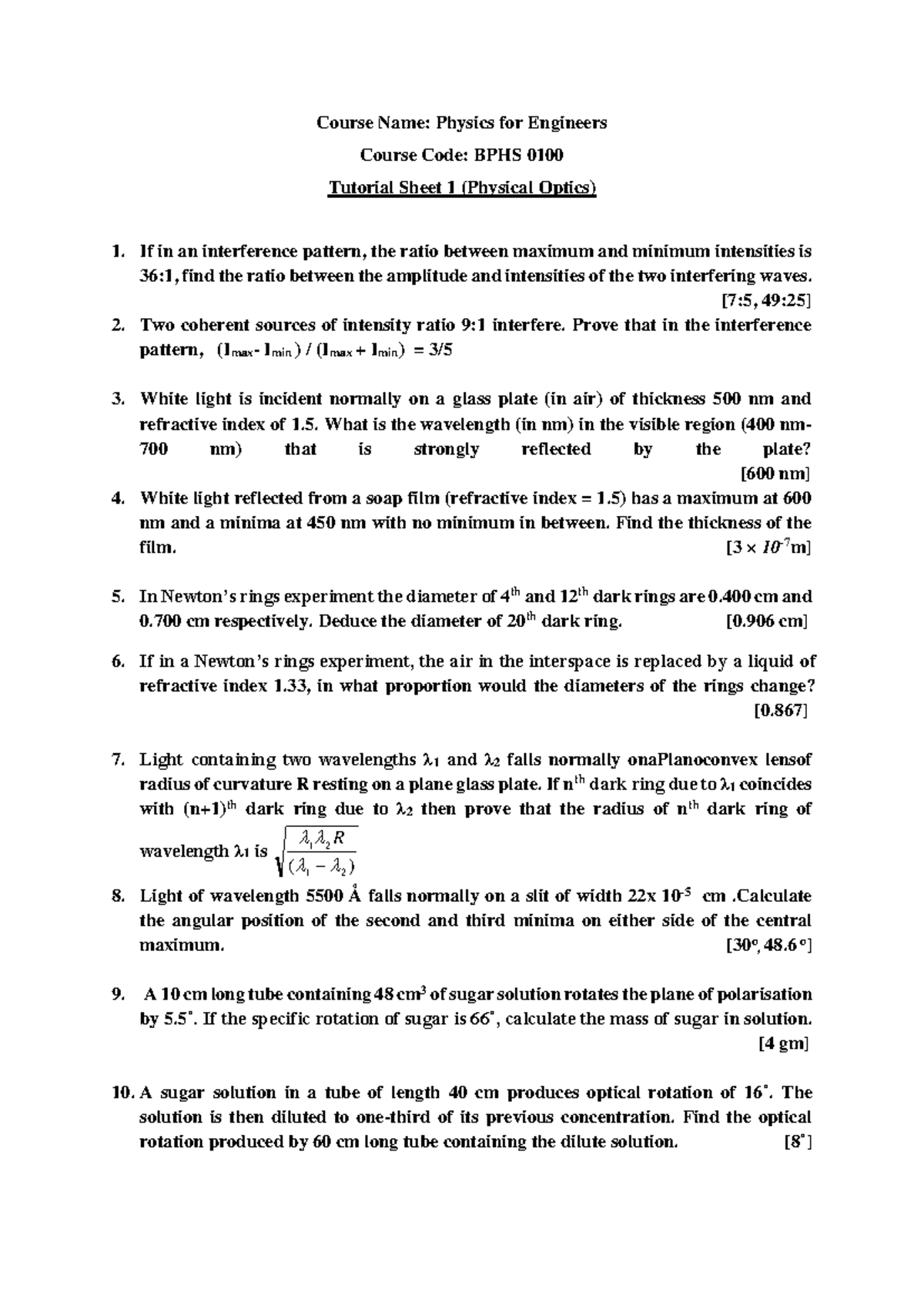 Tutorial Sheet 1: Physical Optics BPHS 0100 Analysis and Problems - Studocu