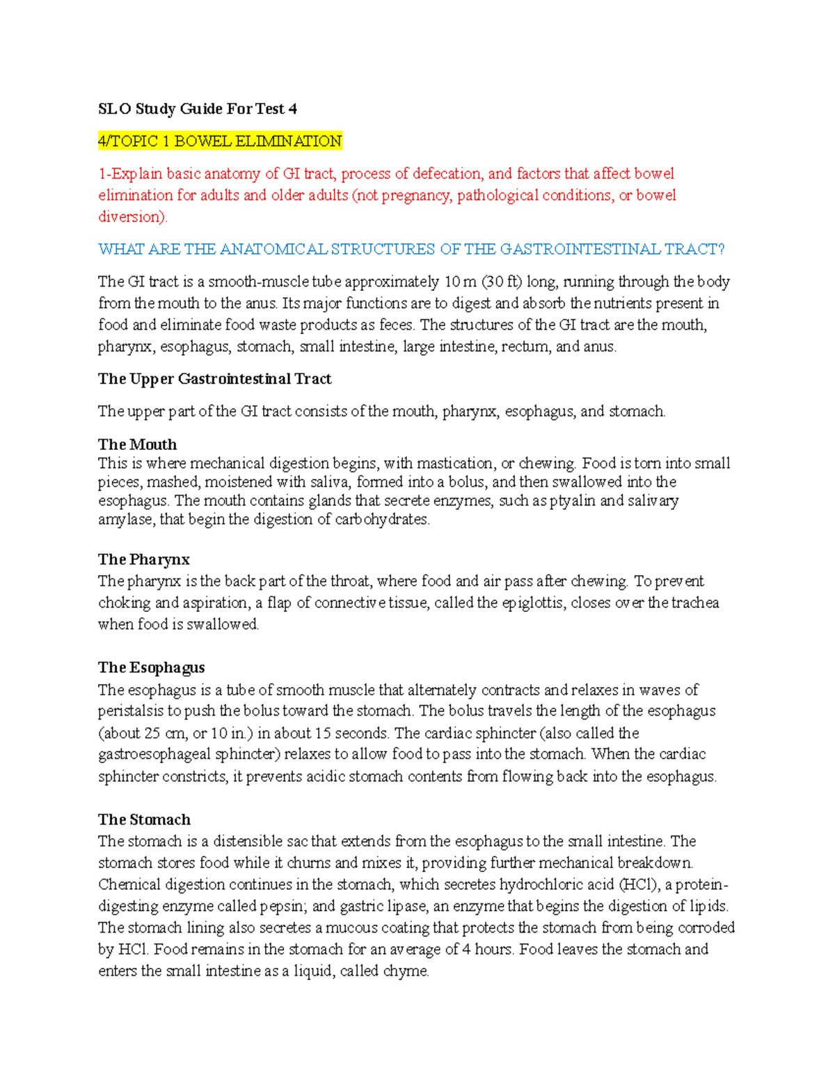 SLO Unit 4 Study Guide: Bowel Elimination & GI Anatomy Insights - Studocu