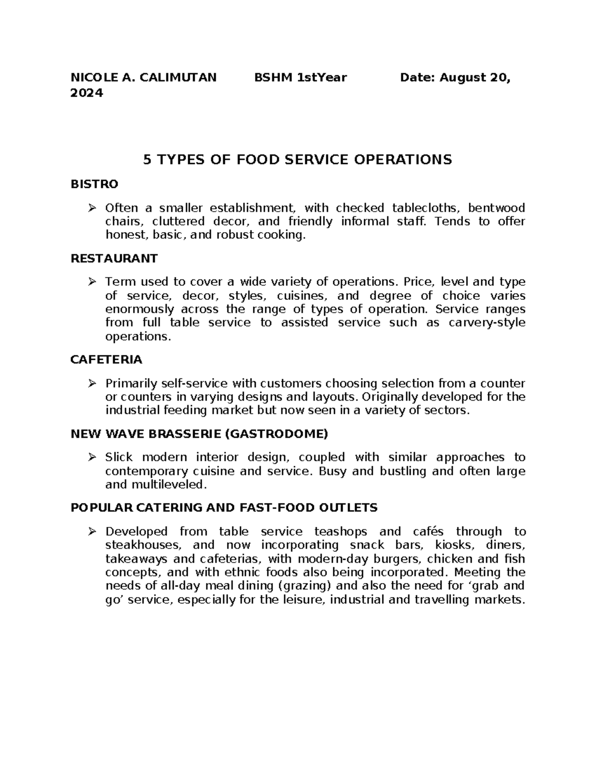 BSHM 1st Year: Types of Food Service Operations Overview - Studocu
