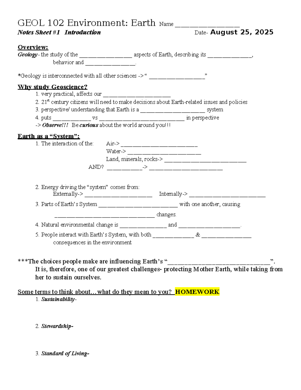 GEOL 102: Intro to Earth Science Notes Sheet - Overview & Concepts ...