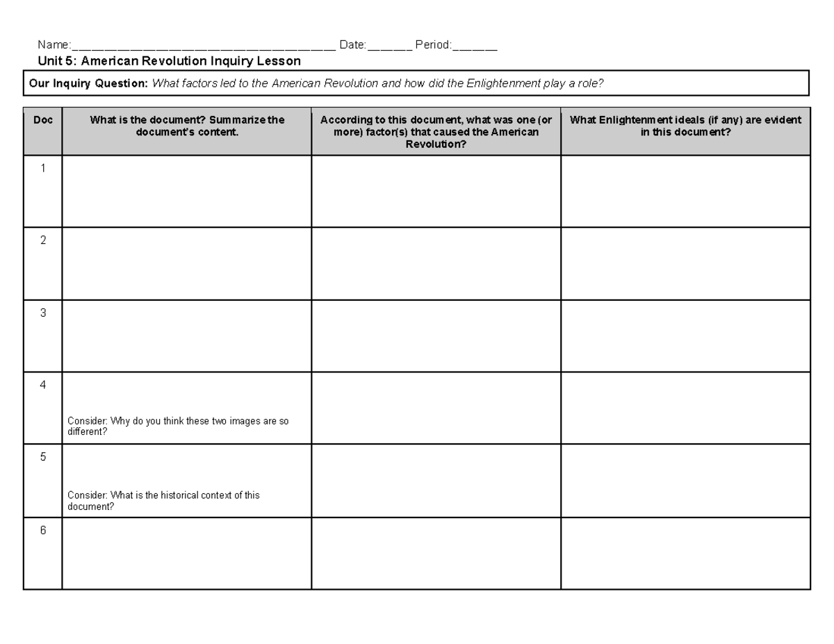 American Revolution Inquiry WS - Name ...
