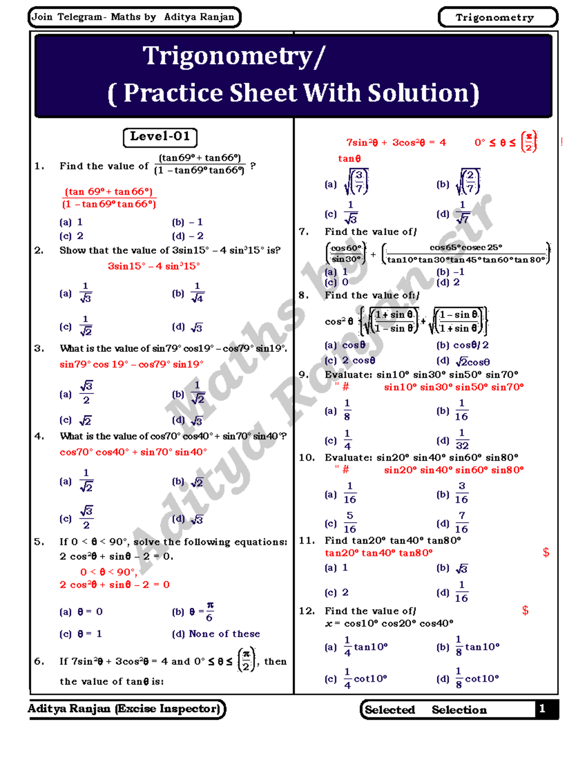 Trigonometry Practice Sheet with Solutions (Excise Inspector) - Studocu