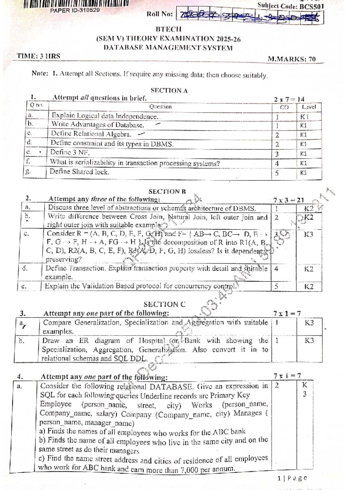 BCS501 Final Exam Notes: Database Management System (BTECH SEM V) - Studocu