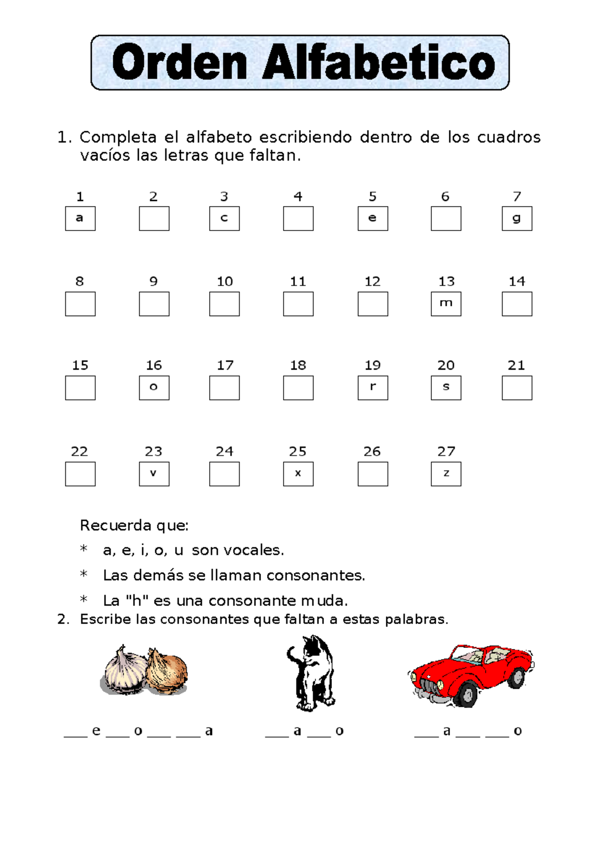 Ficha de orden alfabetico para Segundo de Primaria - 1. Completa el ...