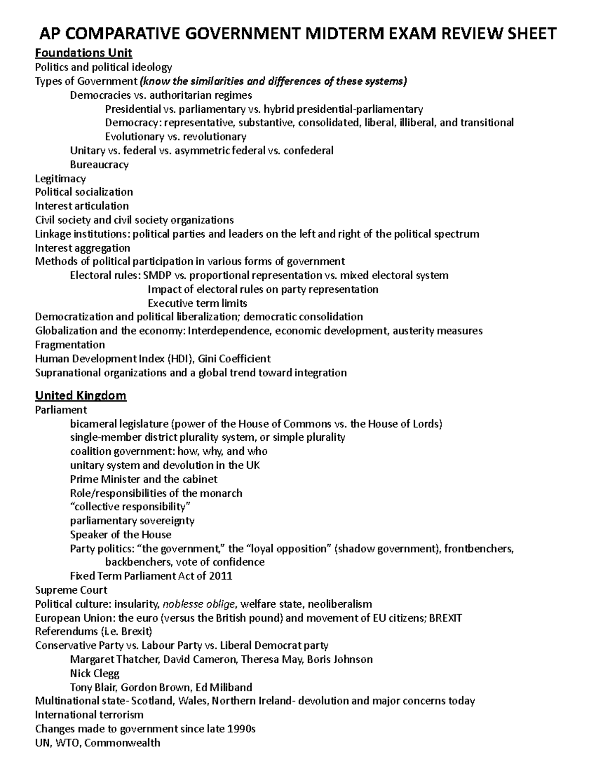 AP Comparative Government 1765 Midterm Exam Review Sheet Covering Key ...