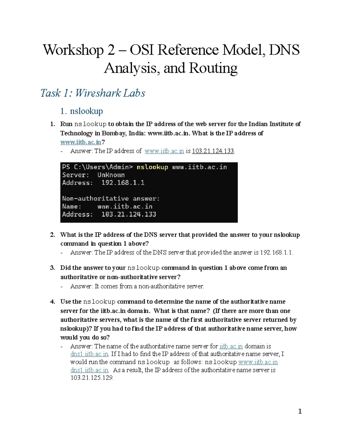 DNS Wireshark Lab: OSI Model & Routing Analysis (Workshop 2) - Studocu
