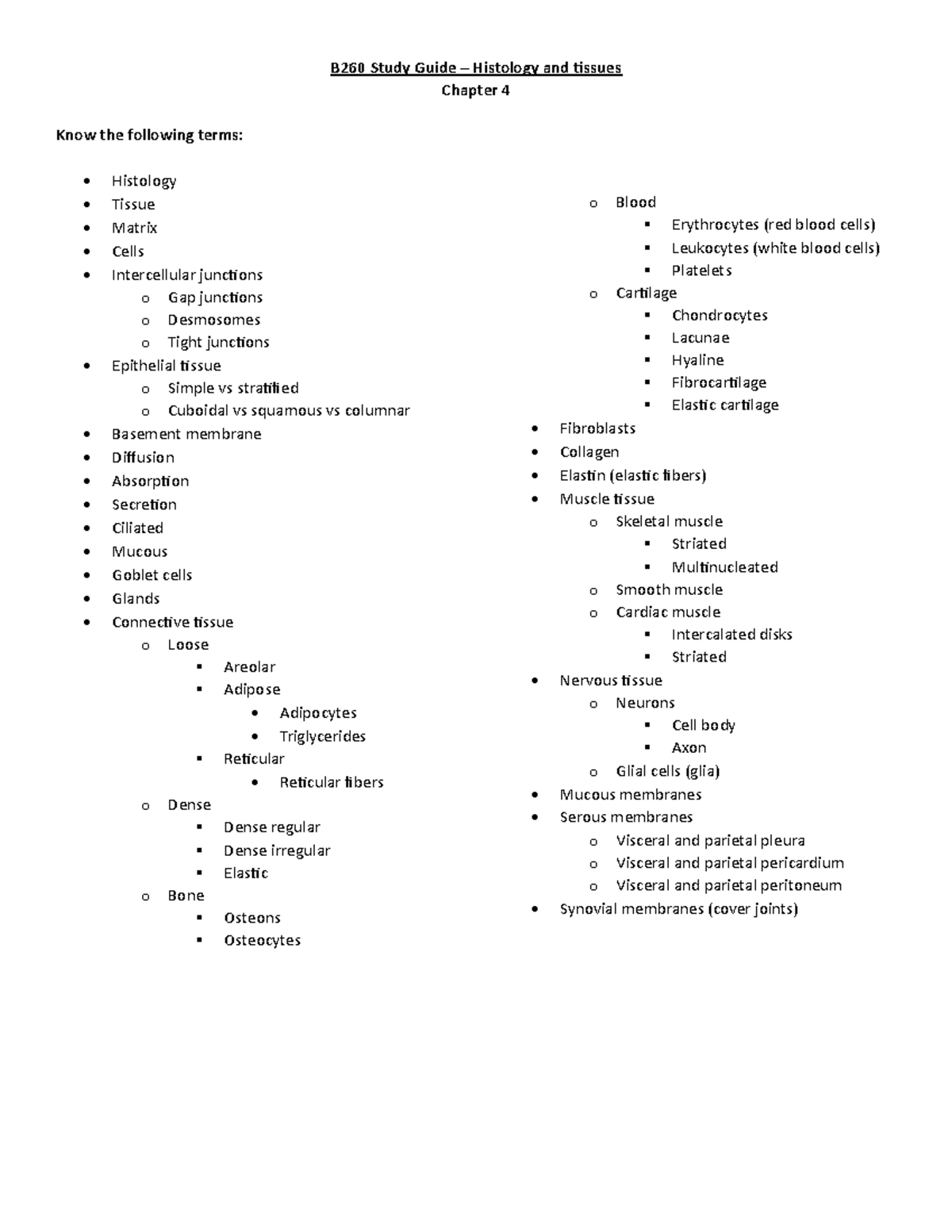 B260 Study Guide: Overview of Histology & Tissue Types - Studocu