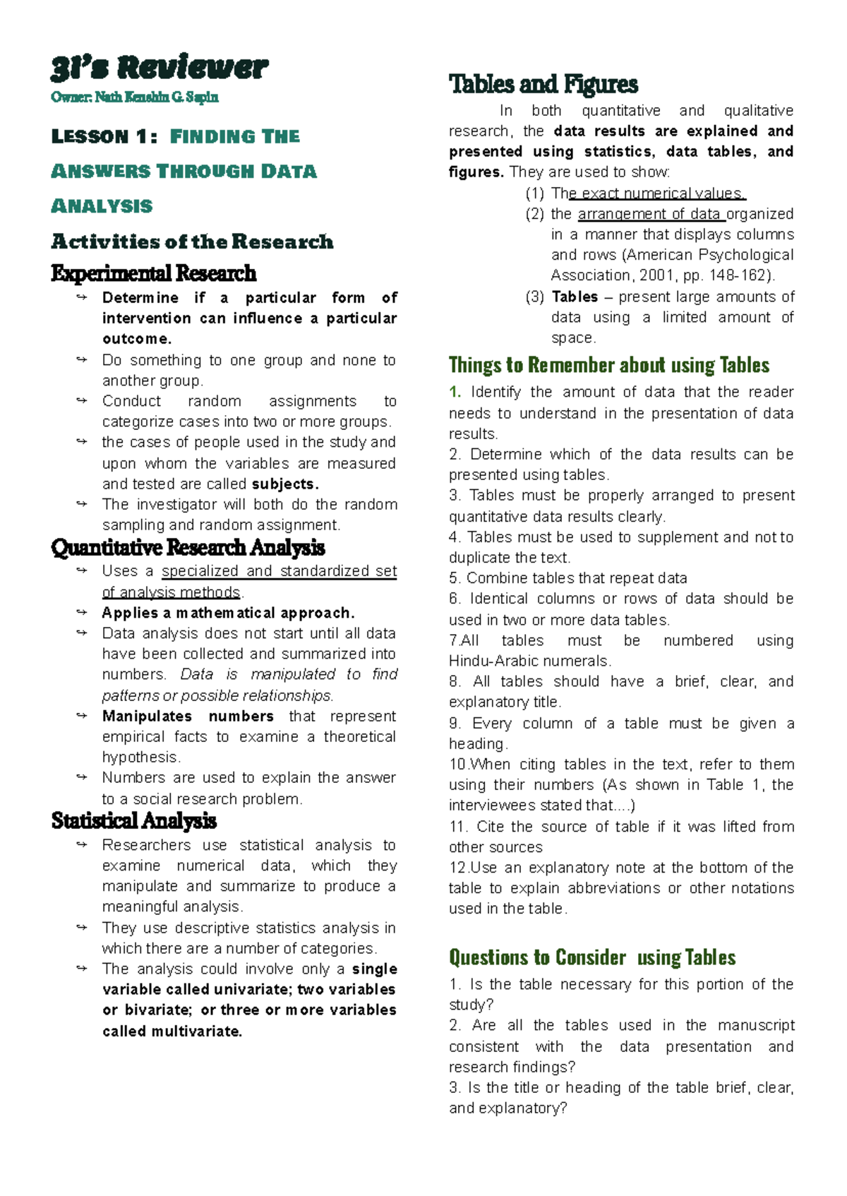 3I's Sem2: Q4 Lesson 1 - Data Analysis in Research Methods - Studocu