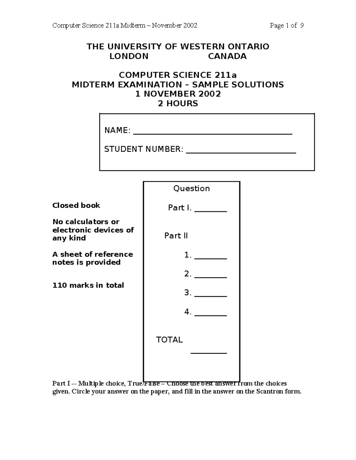 Computer Science 211a Midterm Exam Solutions - November 2002 - Studocu