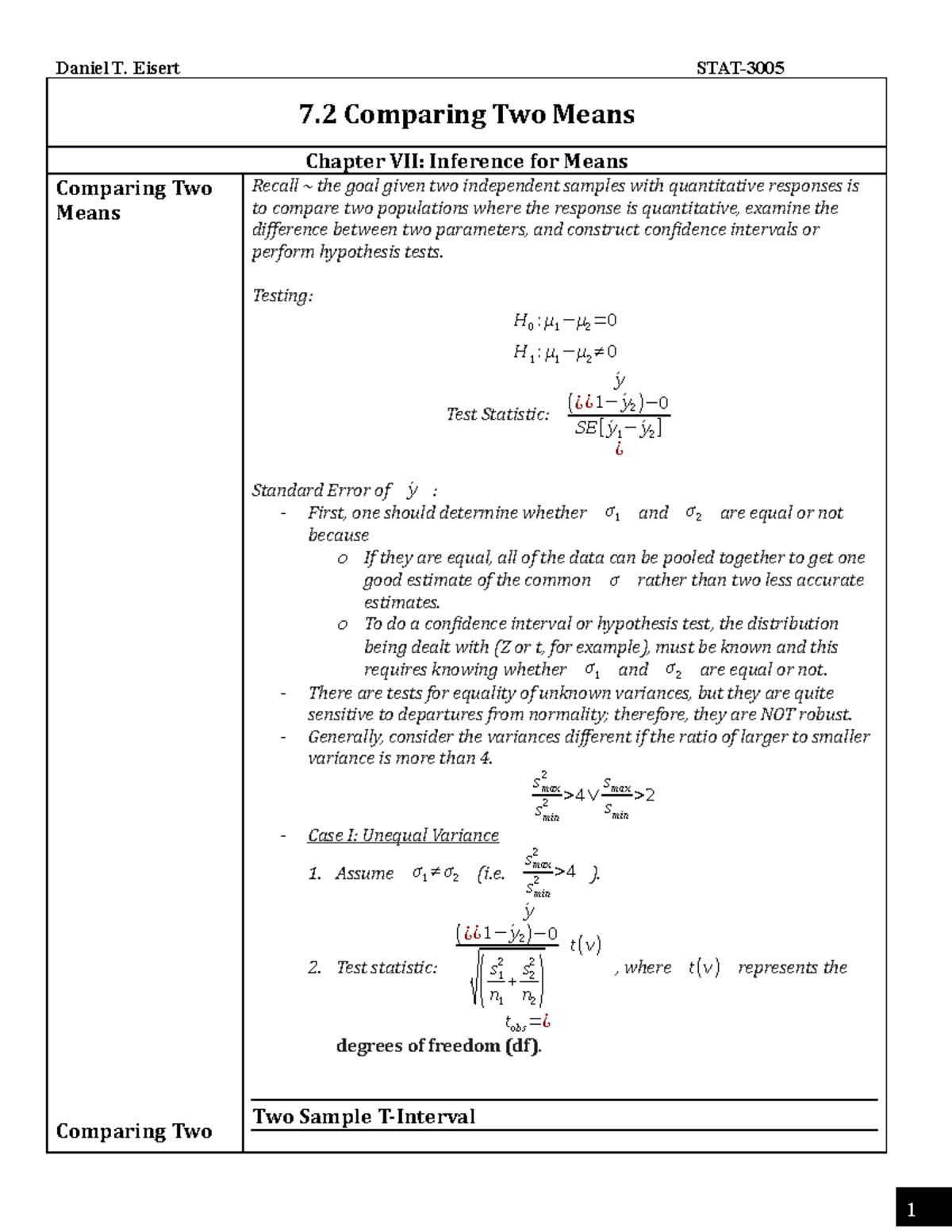STAT-3005 - Notes - 7.2 - Comparing Two Means and Confidence Intervals ...