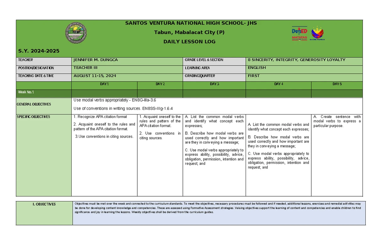 DLL-ENG 8 Q1-WEEK 5 - english 8 sample daily lesson log - SANTOS ...