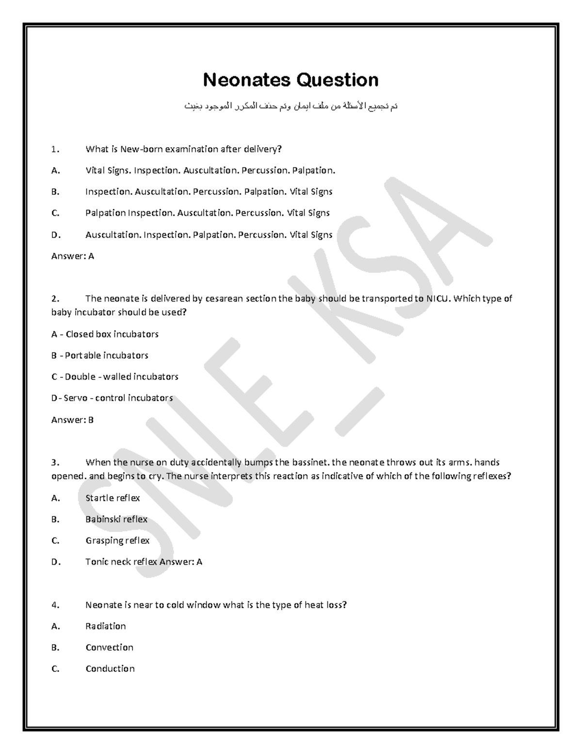 Neonates, SNLE KSA - Practical Questions and Answers on Newborn Care ...