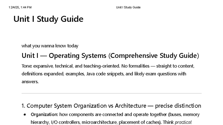 Unit I OS Study Guide: Comprehensive Overview of Operating Systems ...