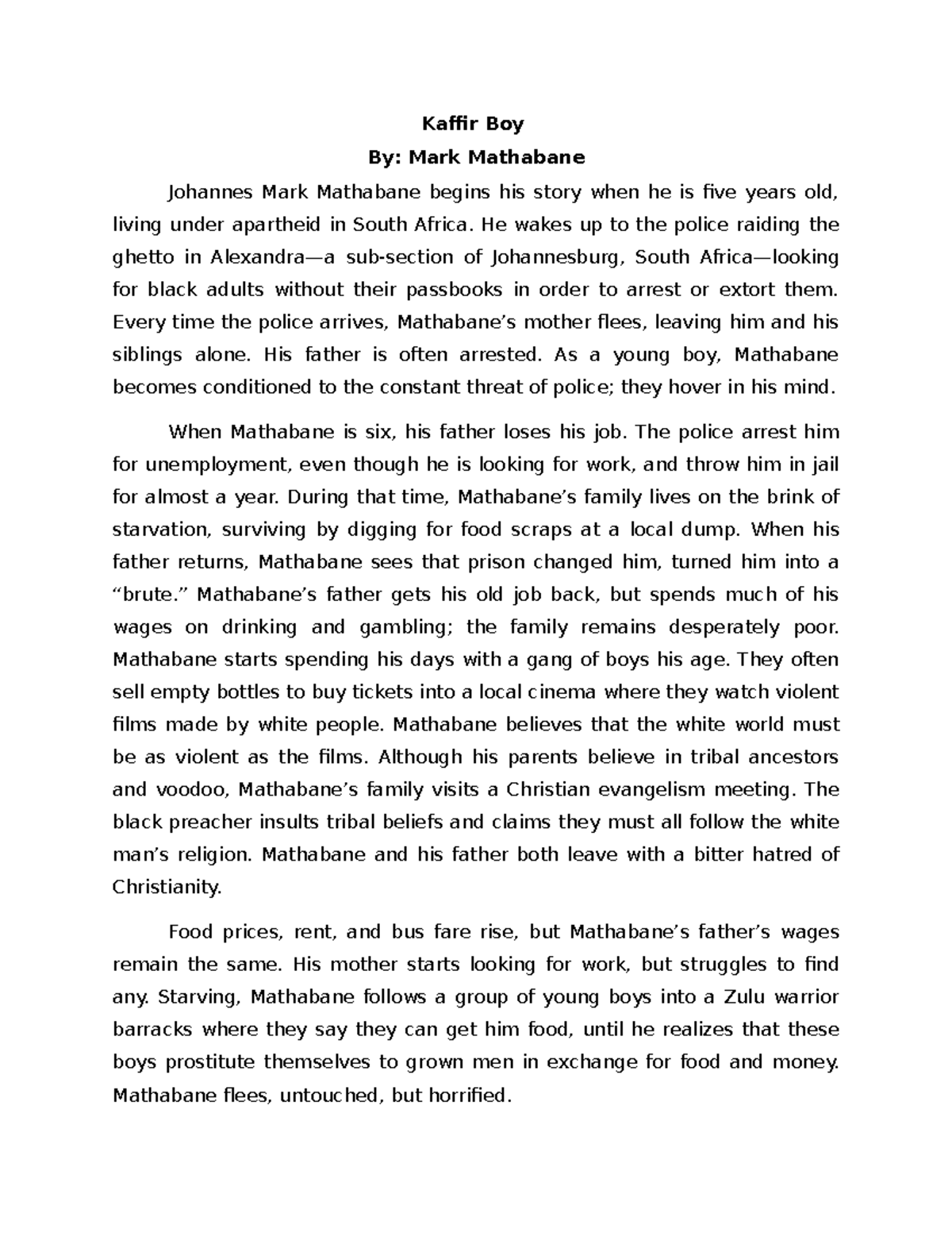 Kaffir Boy: Summary of Mark Mathabane's Journey Under Apartheid - Studocu